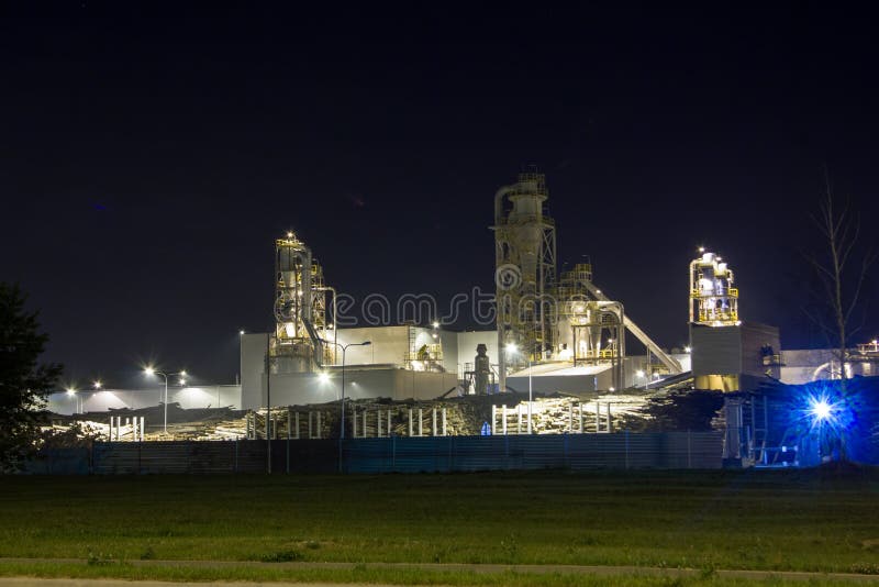 Night Image of Timber Processing Plant. Stock Image - Image of evening ...