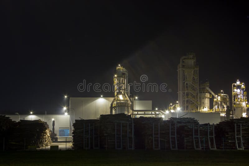 Night Image of Timber Processing Plant. Stock Image - Image of metal ...
