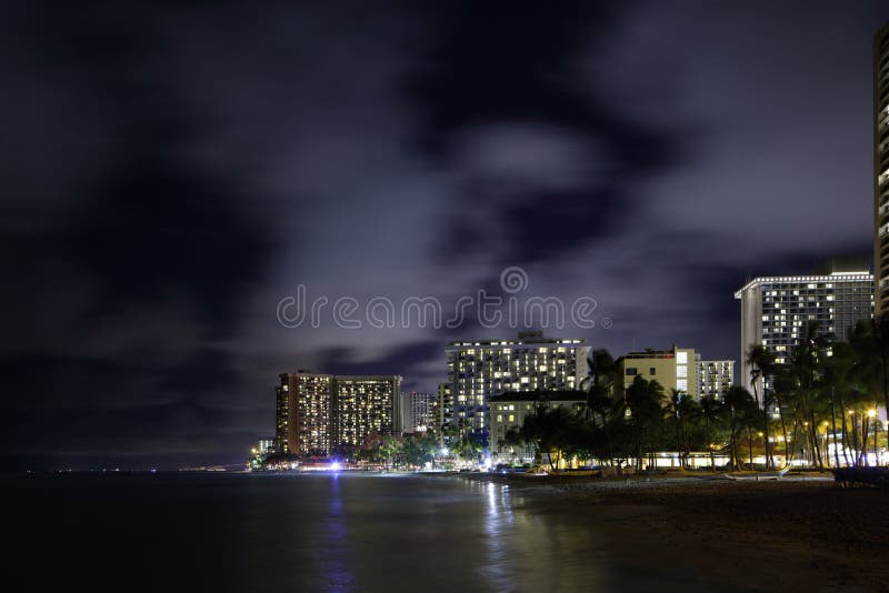 Night Image Waikiki Beach Hawaii Stock Image - Image of architecture ...