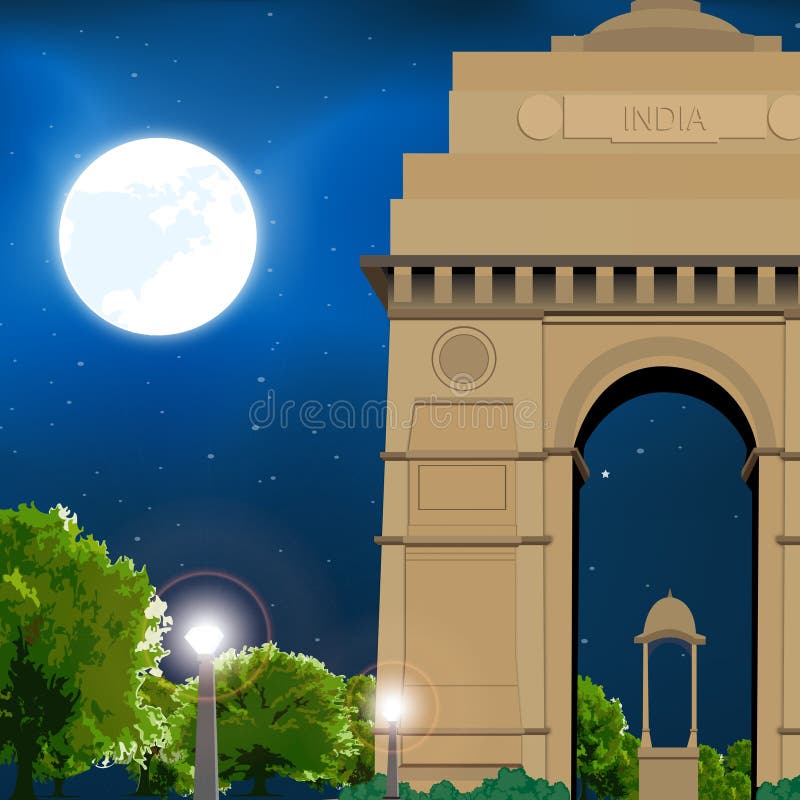 Night India gate stock illustration. Illustration of sign - 11290612