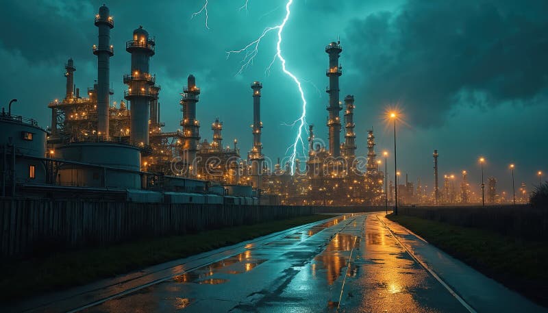 Night Industrial Refinery with Lightning Strikes, Storm Clouds ...