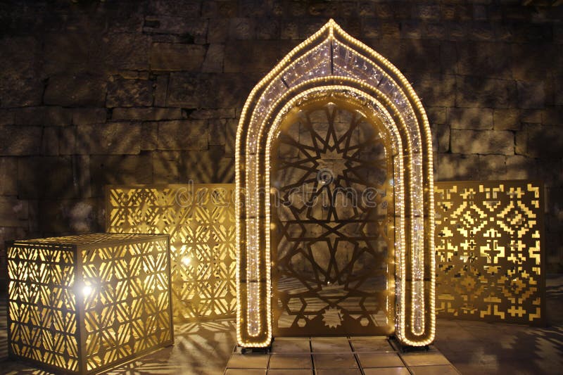 Night Installation in the Form of Arches Filled with Light Stock Image ...