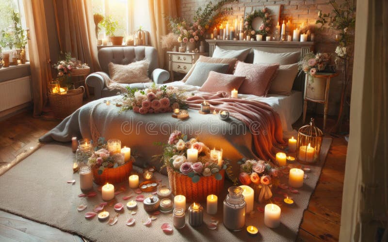 Night Interior of Bedroom with Flowers and Burning Candles Stock ...