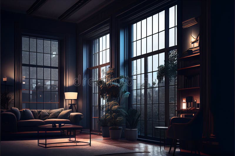 Night Interior Scene with Panoramic Window and Lamp on the Floor. Big ...