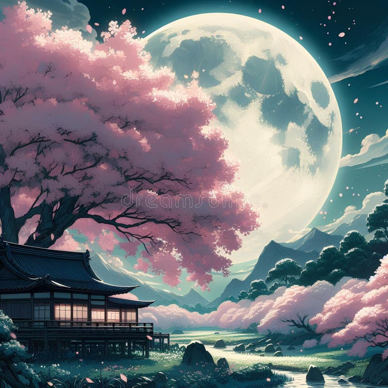 Night Japanese Landscape with Full Moon and Blossoming Cherry Trees ...