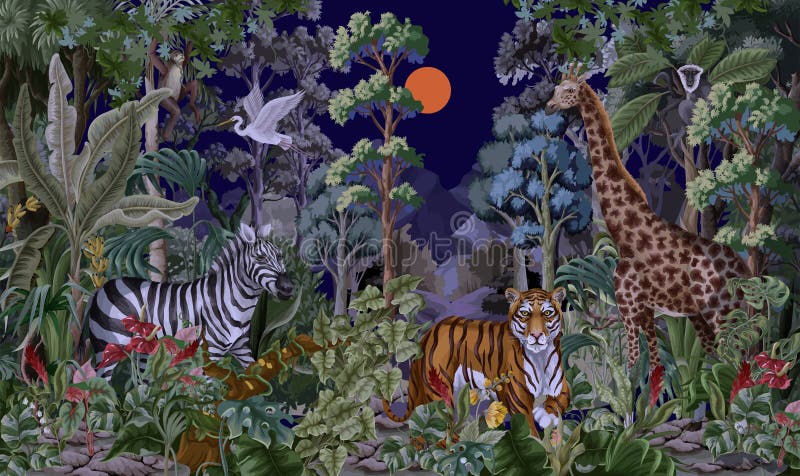 Night Jungle Landscape with Wild Animals for Kids. Vector. Stock Vector ...