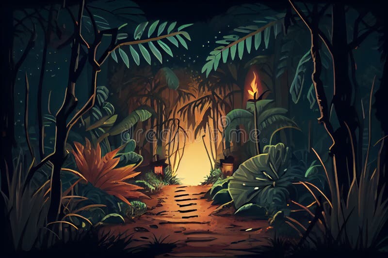Night Jungle Road and End of Road Stock Illustration - Illustration of ...