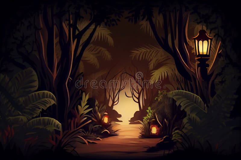 Night Jungle Road and End of Road Stock Illustration - Illustration of ...