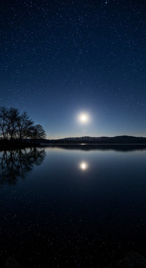 Night Lake Reflection with Starry Sky and Bright Moon Stock ...
