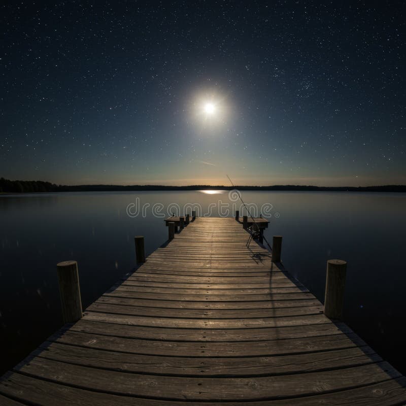 Night Lake Scene with Starry Sky and Moonlit Dock Stock Illustration ...