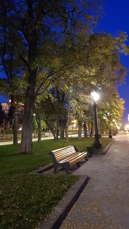Night. Lamp . Bench. Promenade. Walk Stock Image - Image of bench, walk ...