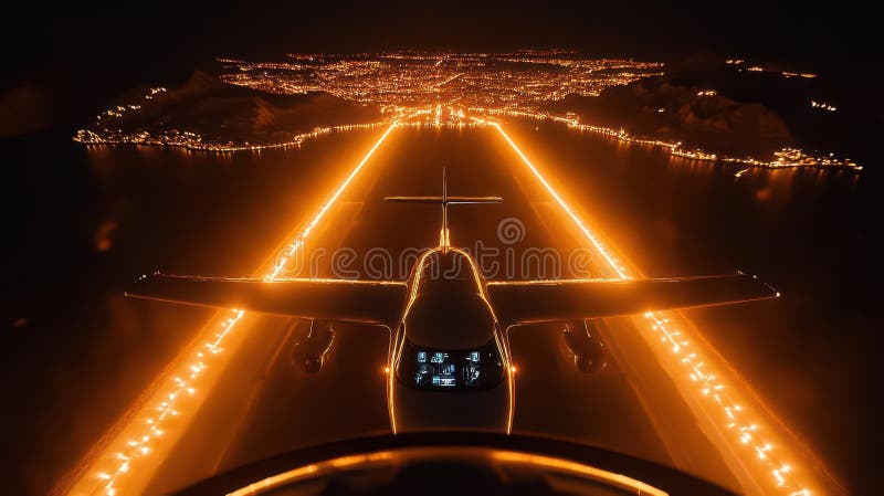 Night Landing, City Lights Runway Approach Stock Illustration ...