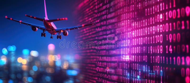 Night Landing Plane Over City with Binary Code Stock Illustration ...