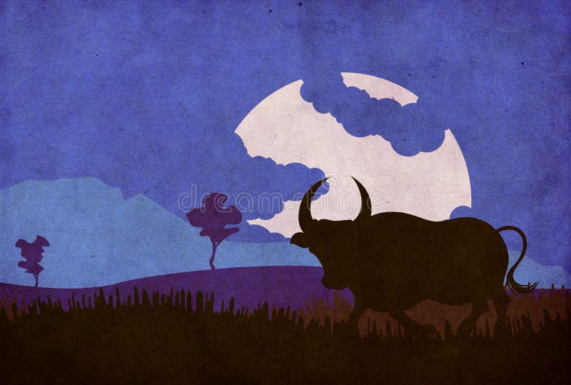 Night Landscape and Bull Silhouette Textured Stock Illustration ...
