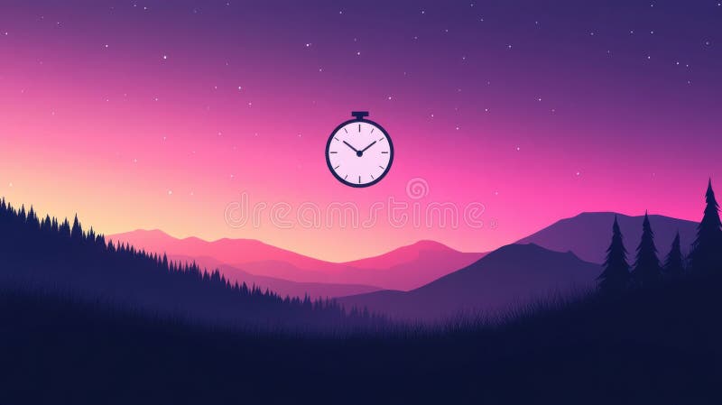 Night Landscape with Clock on the Background of the Mountains. Vector ...