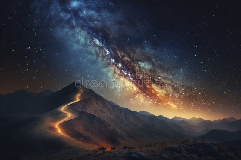 Night Landscape with Colorful Milky Way Stock Illustration ...