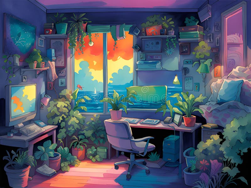Night Landscape with Computer Room, Plants and Window, Neon Lights and ...