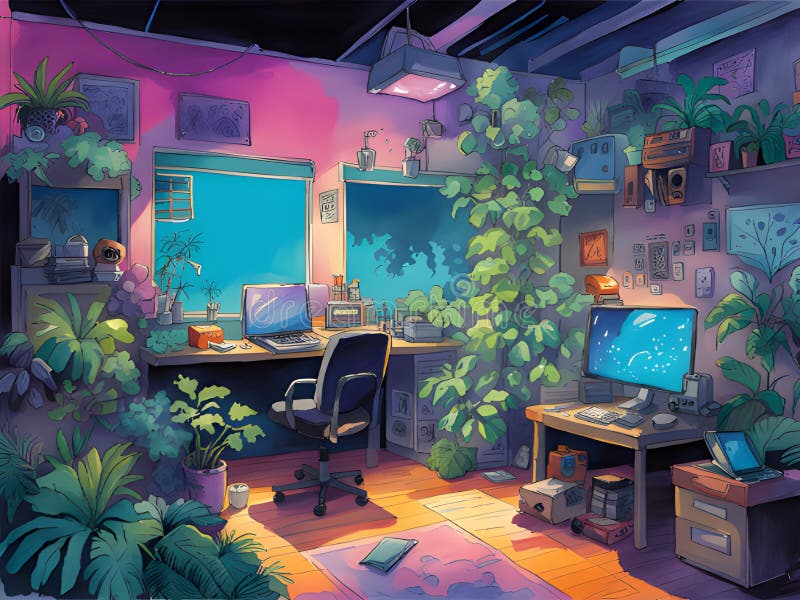 Night Landscape with Computer Room, Plants and Window, Neon Lights and ...