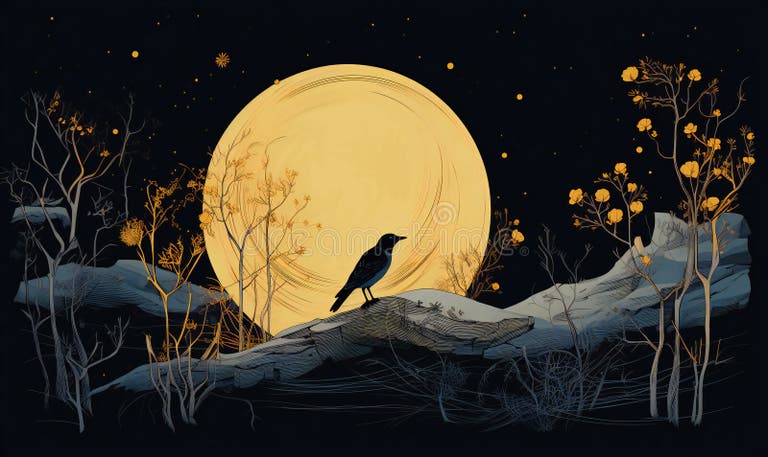 Night Landscape with a Crow in the Moonlight Stock Illustration ...