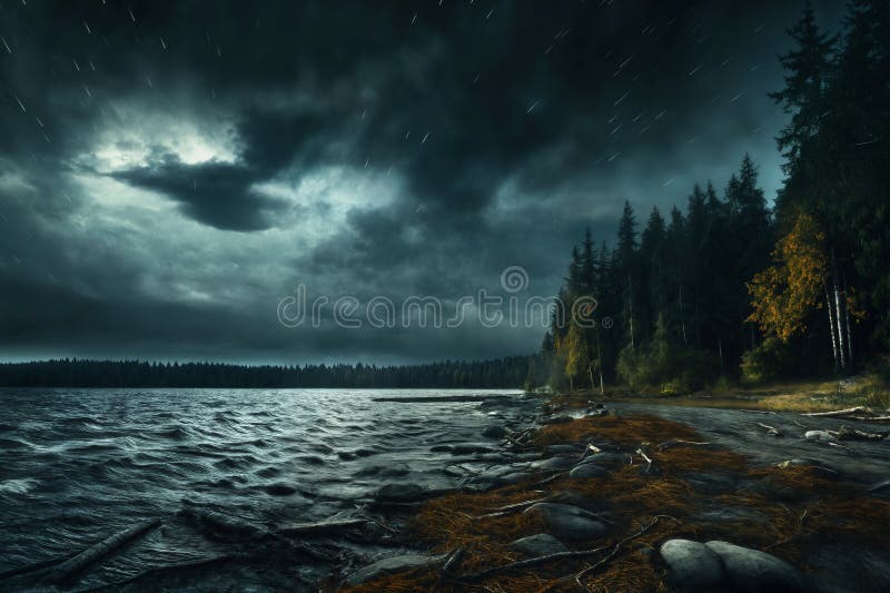 Night Landscape, Dark Dramatic Stormy Sky with Lightning and Cumulus ...