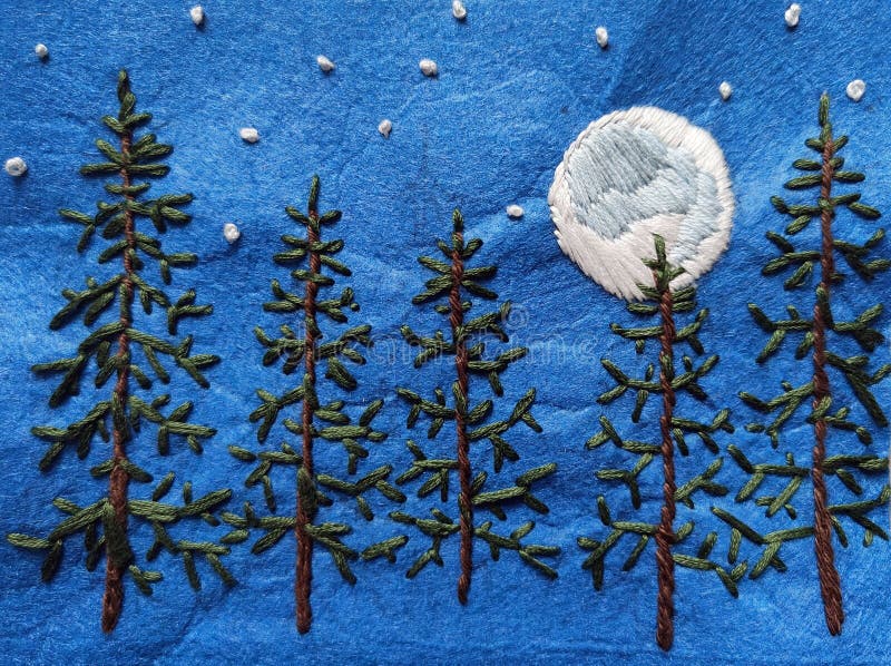 Night Landscape in the Forest - Embroidery Art Stock Photo - Image of ...