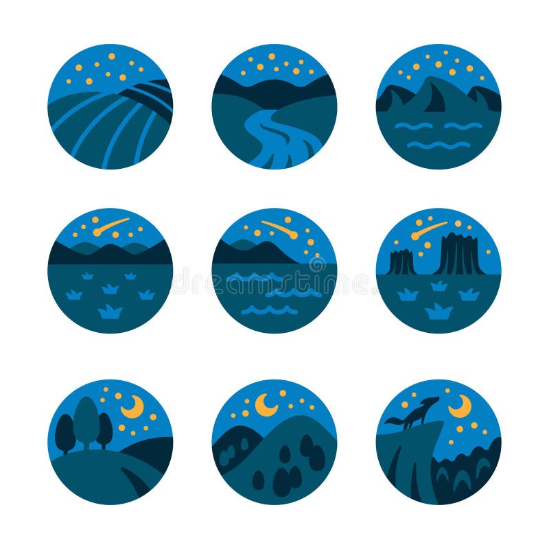 Night landscape icon set stock vector. Illustration of circle - 153189596