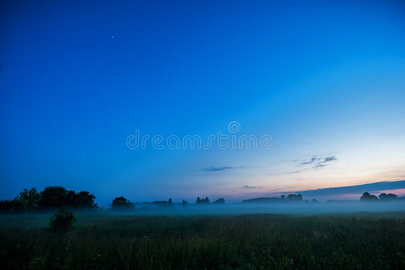 Night Landscape with Mist and Clear Blue Sky Stock Image - Image of ...