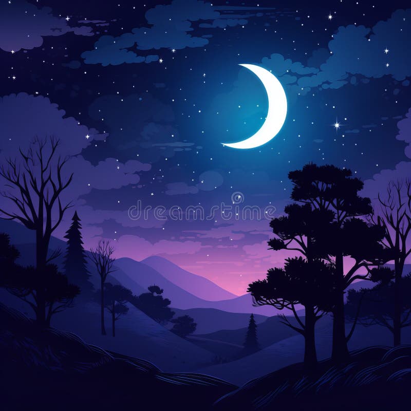 Night Landscape with Moon and Stars Vector Illustration Stock ...
