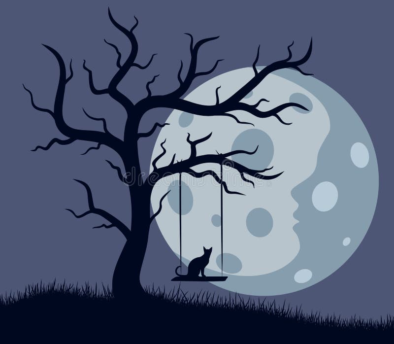 Night Landscape with Moon and Swing. Stock Vector - Illustration of ...