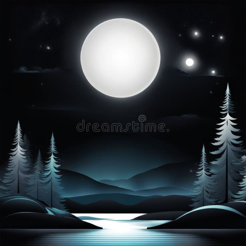 Night Landscape with Moon and Tree Illustration.night Illustration ...