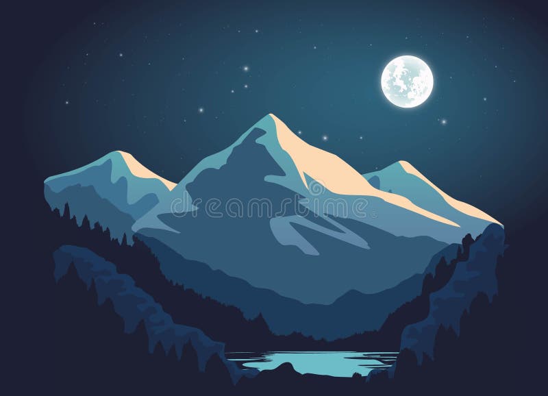 Night Landscape with Mountain and Moon and Stars. Valley. Vector ...
