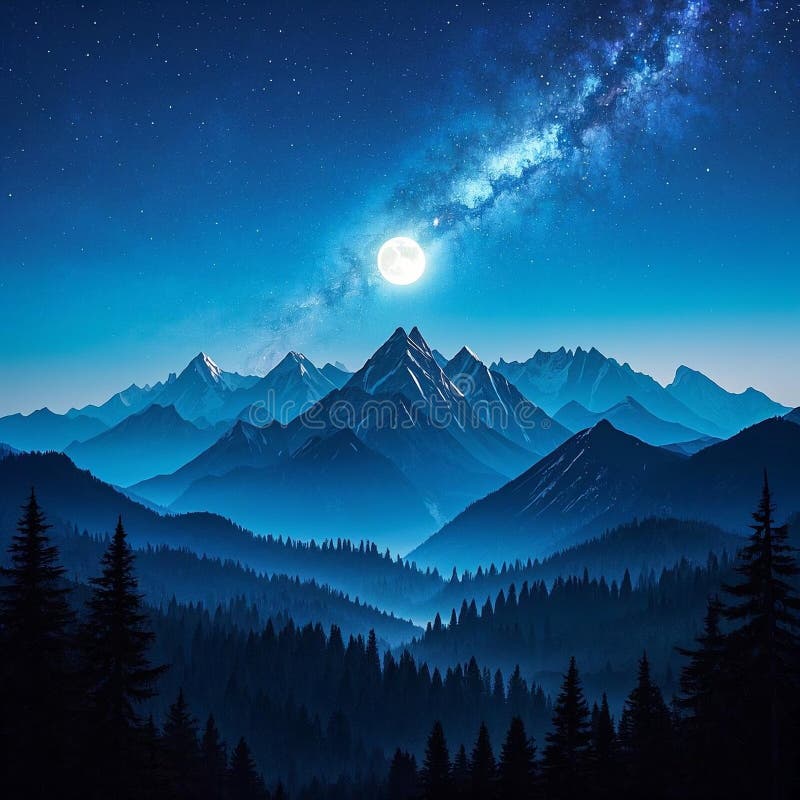 Night Landscape with Mountains and Full Moon, Beautiful Stars in ...