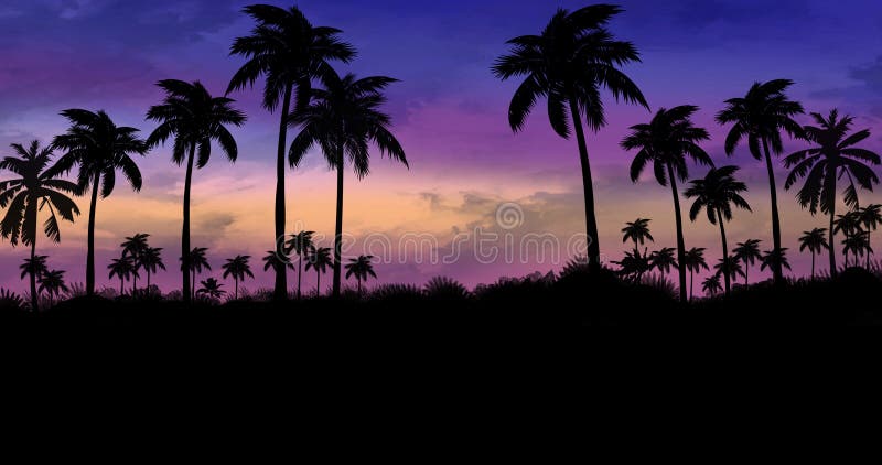 Night Landscape with Palm Trees, Against the Backdrop of a Neon Sunset ...