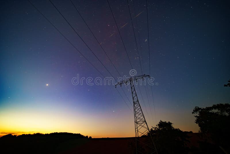 Night Landscape with Power Lines on the Starry Sky Stock Photo - Image ...