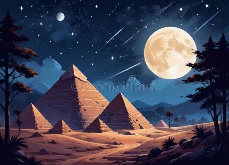 A Night Landscape with Pyramids, Trees and a Full Moon in the ...