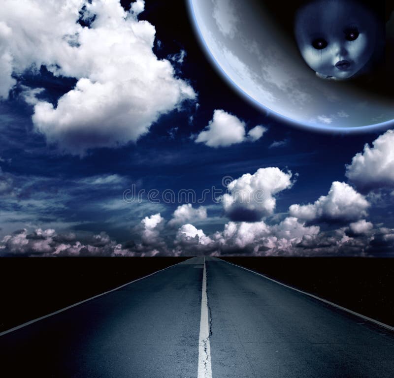 Night Landscape with Road, Clouds and Moon Stock Photo - Image of ...