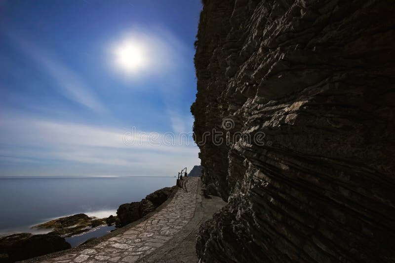 Night Landscape with the Sea, the Moon and Rocks Stock Image - Image of ...