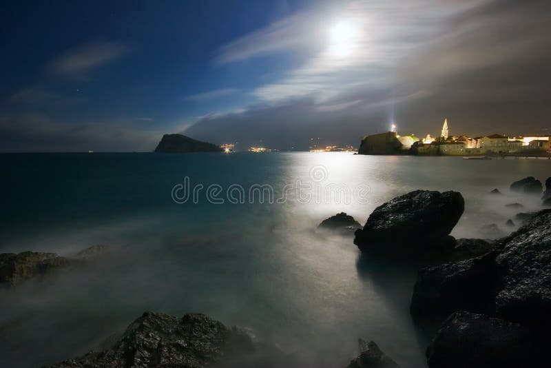Night Landscape with the Sea, the Moon and Rocks Stock Photo - Image of ...