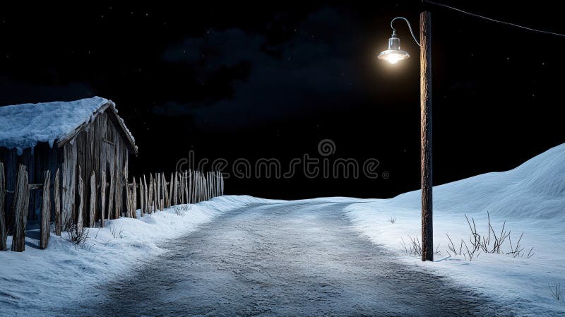 Night Landscape with a Snowy Road a Rustic House and a Lamp Post ...