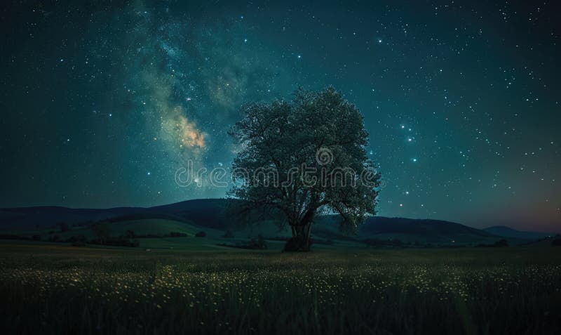 Night Landscape with Starry Sky Mountains and Single Tree Stock Photo ...