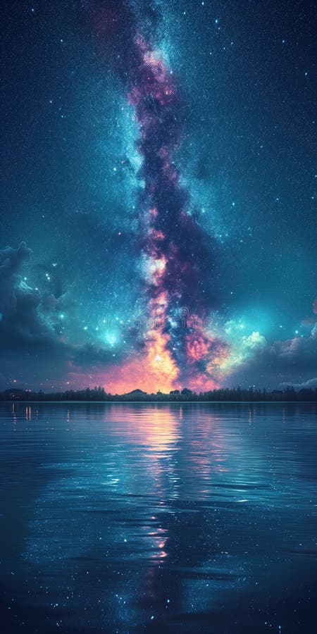 Night Landscape of the Starry Sky Over Water Stock Illustration ...