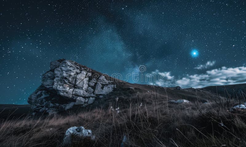 Night Landscape with Starry Sky and Rock Ledge Stock Photo - Image of ...