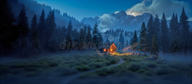 Night Landscape with a Starry Sky and a Small Cabin in the Mountains ...