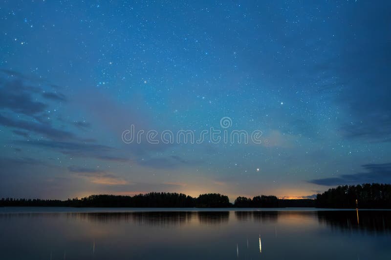 Night Landscape Under Starry Sky, Distant Thunder in the Horizon Stock ...