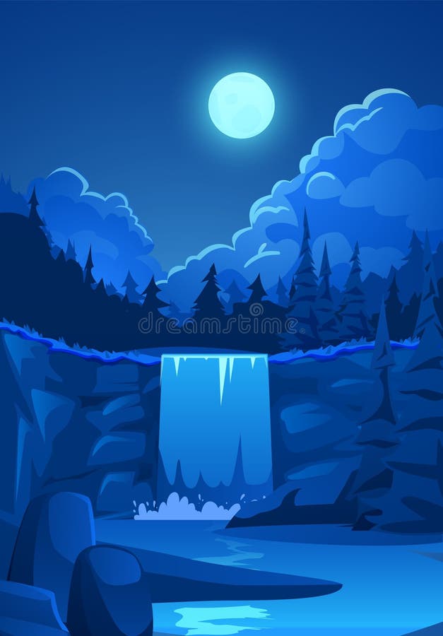 Night Landscape with Waterfall in the Forest, Flat Vector Illustration ...