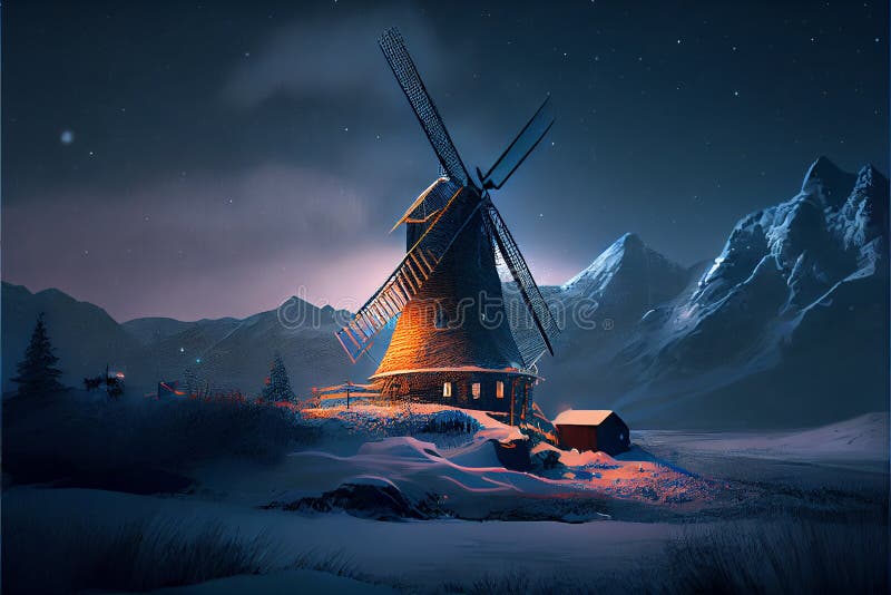 Night Landscape with Windmill and Barn Digital Art Stock Illustration ...