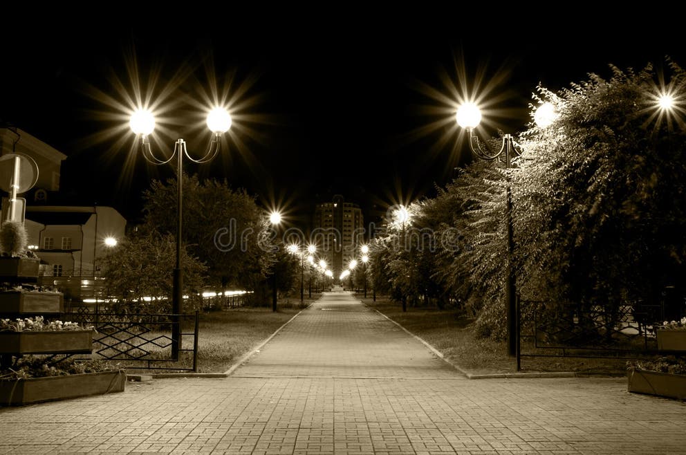 Night Lane with Street Lamps Stock Photo - Image of summer, burning ...