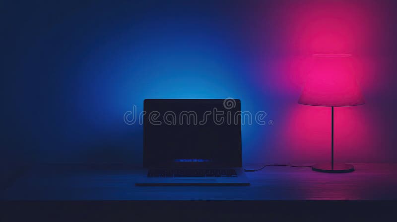 Night Laptop Desk, Blue Pink Light, Work, Home Office Stock Image ...