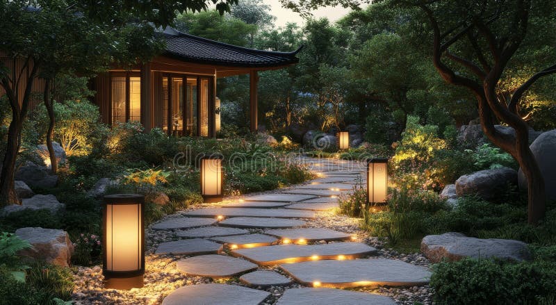 At Night, a Lawn Outside Features Stone Pathways with Grass on Either ...