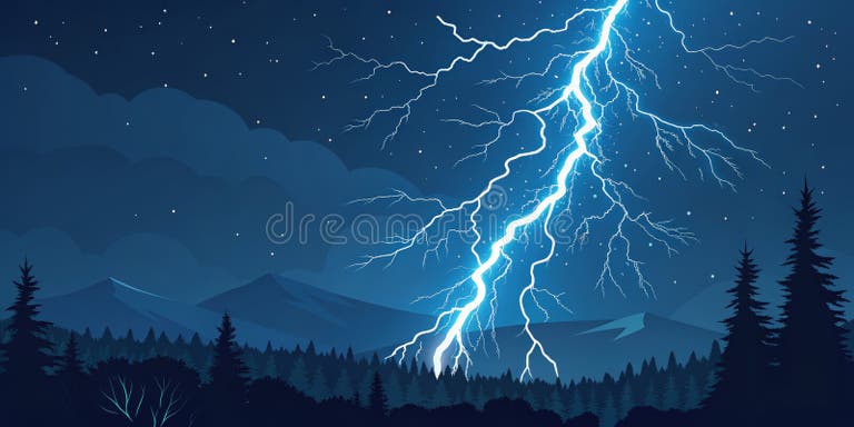 Night Lightning Over Mountain Forest, Thunder, Storm Stock Illustration ...